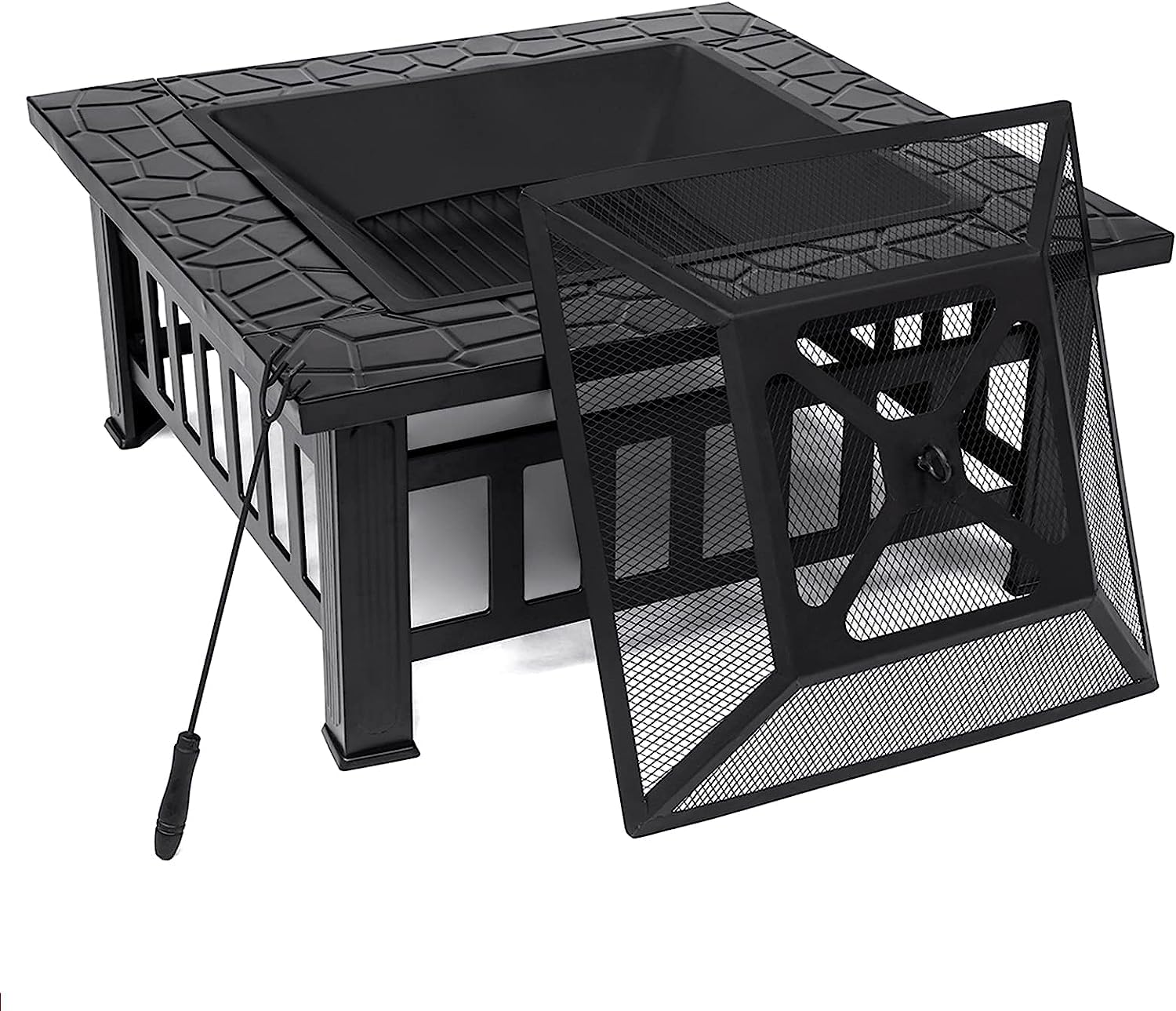 Anraja Fire Pit 32'' Wood Burning Firepit Metal Square Outdoor Fire Tables Steel BBQ Grill Fire Pit Bowl with Spark Screen Cover, Poker Log Grate for Patio Bonfire Camping Backyard Garden Picnic