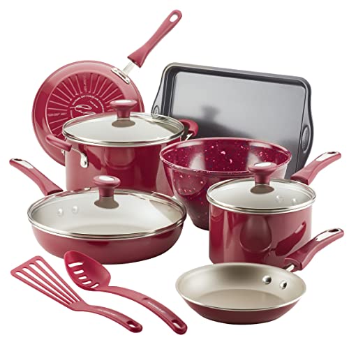 Rachael Ray Get Cooking! Nonstick Cookware Pots and Pans Set, Includes Baking Pan and Cooking Tools, 12 Piece - Burgundy,Red