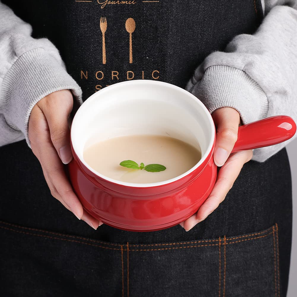 Sweejar Porcelain Soup Bowls with Handle, 22 OZ Ceramic Serving Crocks for French Onion Soup, Pumpkin Soup, Oatmeal, Stew, Dishwasher and Microwave Safe, Set of 4 (Red)