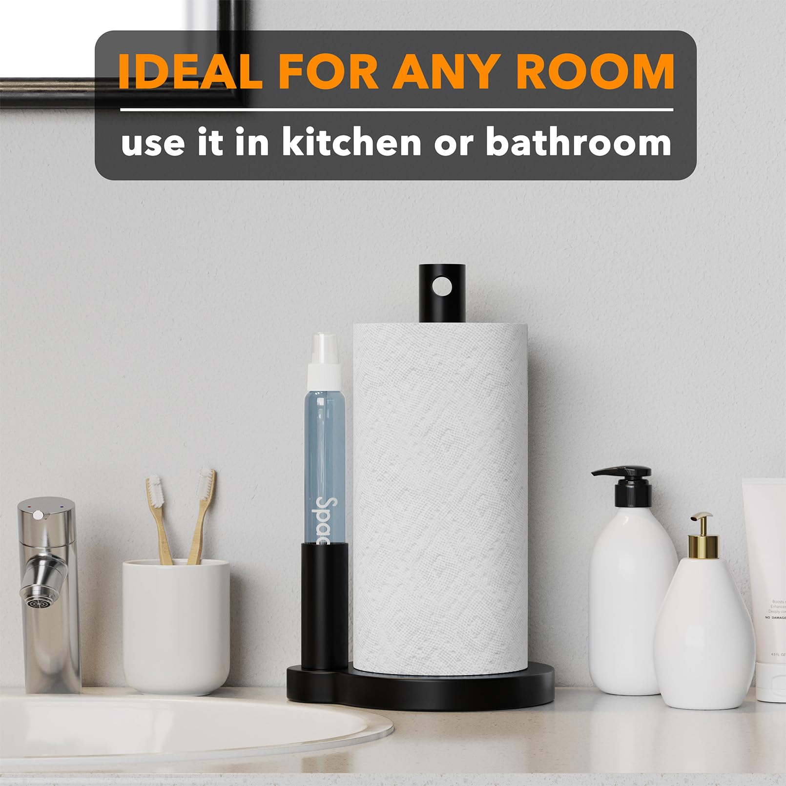 SpaceAid SprayNeat Paper Towel Holder with Spray Bottle, Countertop Paper Towels Dispenser Stand with Sprayer Inside Center, Under Cabinet Papertowels Roller for Kitchen (Black)