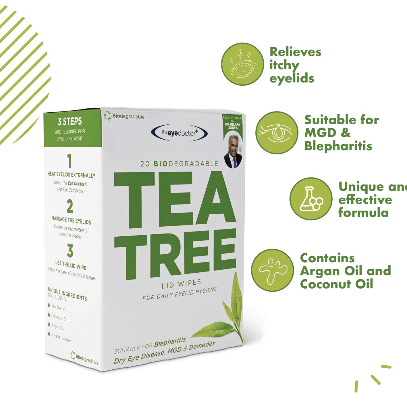 The Eye Doctor Tea Tree Eyelid Wipes - 40x Cleansing Lid Wipes Suitable for Dry Eye Blepharitis MGD & Demodex - Tea Tree, Coconut & Argan Oil