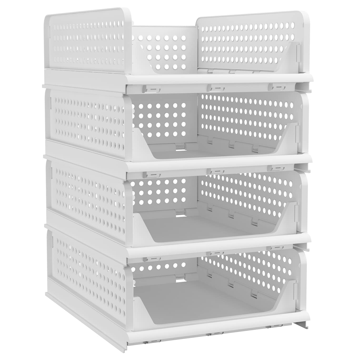 Pinkpum Stackable Plastic Storage Basket-Foldable Closet Organizers and Storage Bins 4 Pack-Drawer Shelf Storage Container for Wardrobe Cupboard Kitchen Bathroom Office 4S