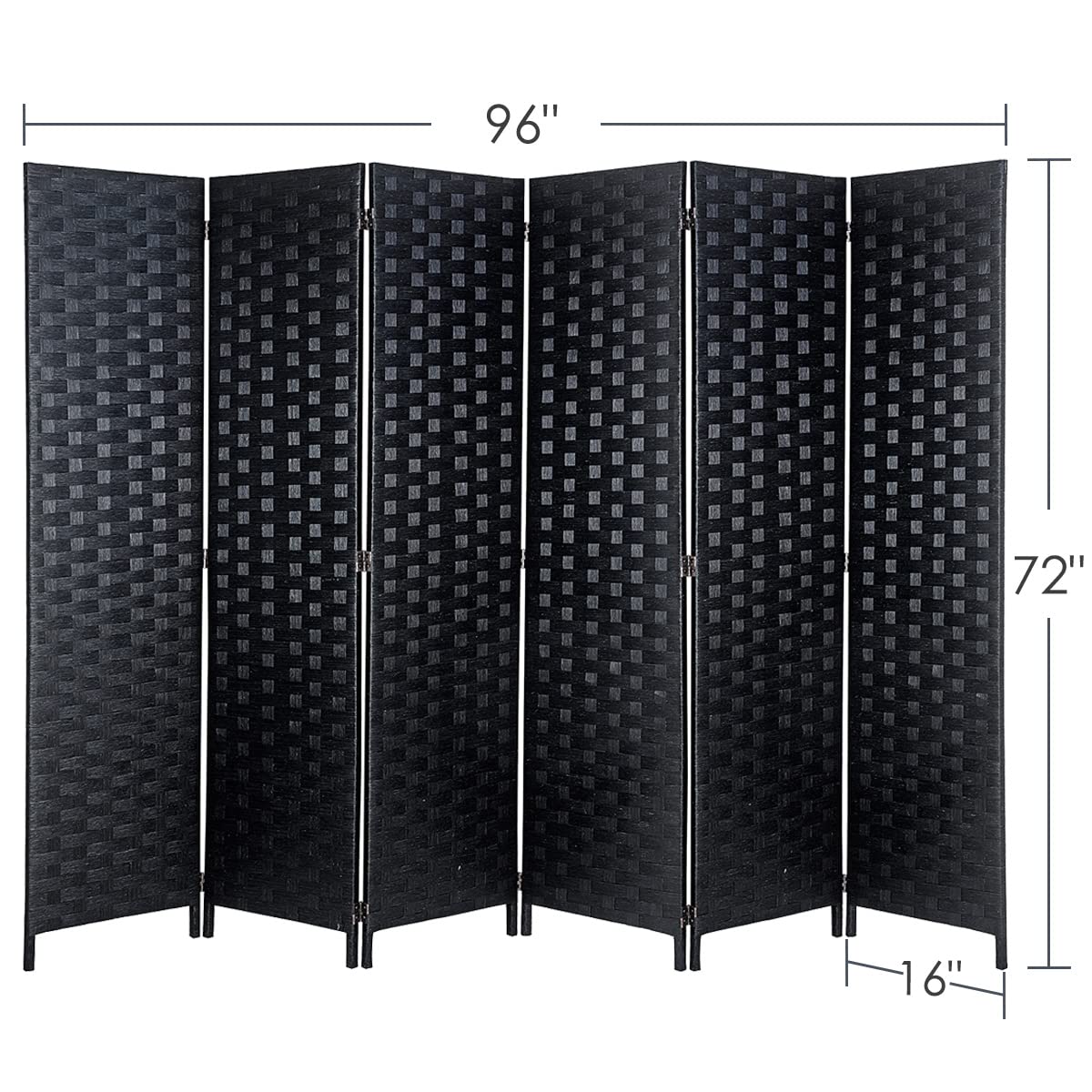 RHF 6 ft.Tall 16" Wide Room Dividers,Double Side Woven Fiber Divider,Better Privacy Screen,Folding Partition & Wall Divider,Space Seperate Indoor Decorative 6 Panel Screen,Freestanding- Black,6 Panels