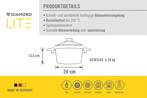Woll Lite Light/Plus Diamond Reinforced Nonstick Scratch Resistant Cast Aluminum Cookware Stockpot with Lid 5.2 Quart, 9 1/2-Inch Diameter, 9-1/2", Gray