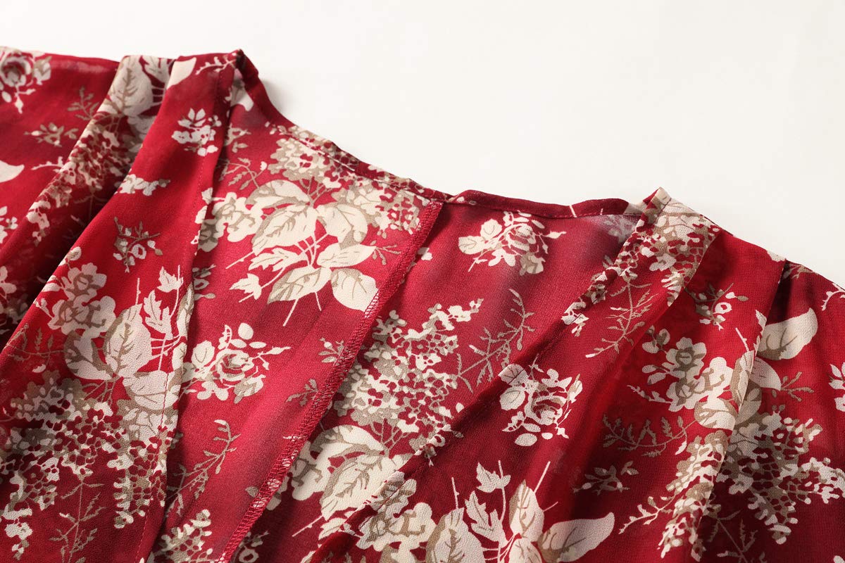 olrain Women's Floral Print Sheer 3/4 Sleeve Chiffon Duster Plus Size Kimono Cardigan Capes (Large, Red Floral)