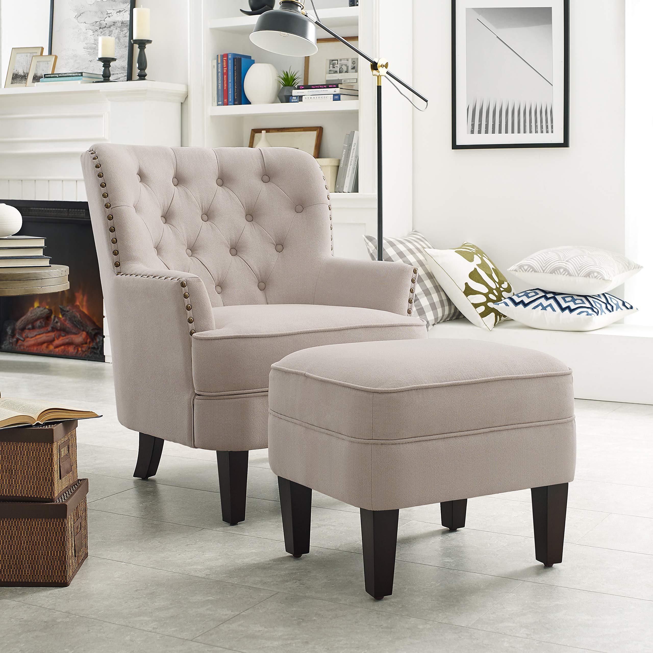 Rosevera McCarthy Furniture Ottoman Arm Living Room Comfy Small Accent Chairs for Bedroom, Standard Size, Pearl Beige