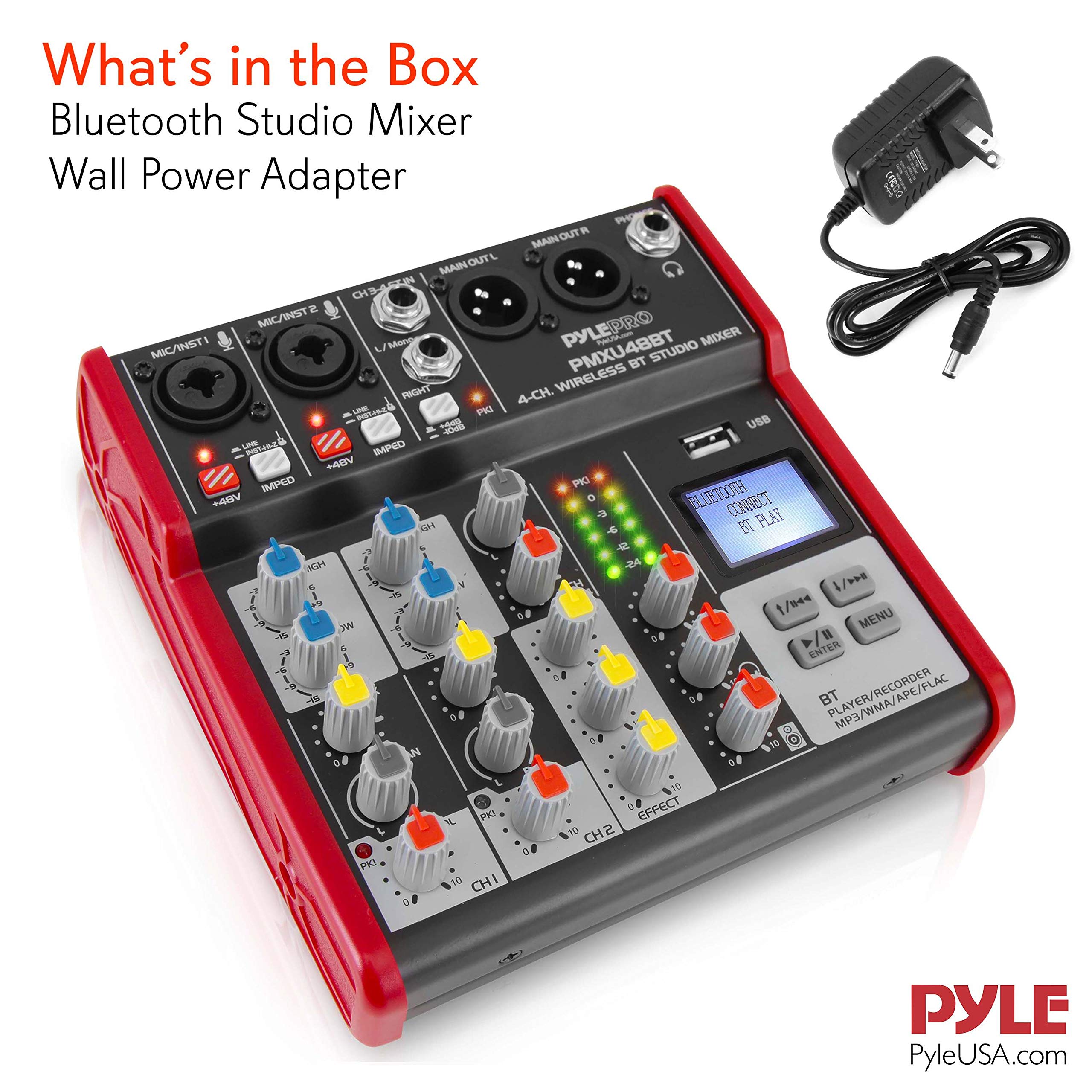 PYLE Studio Audio Sound Mixer Board - 4 Channel Bluetooth Compatible Professional Portable Digital DJ Mixing Console with USB Mixer Audio Interface - Mixing Boards For Studio Recording - PMXU48BT