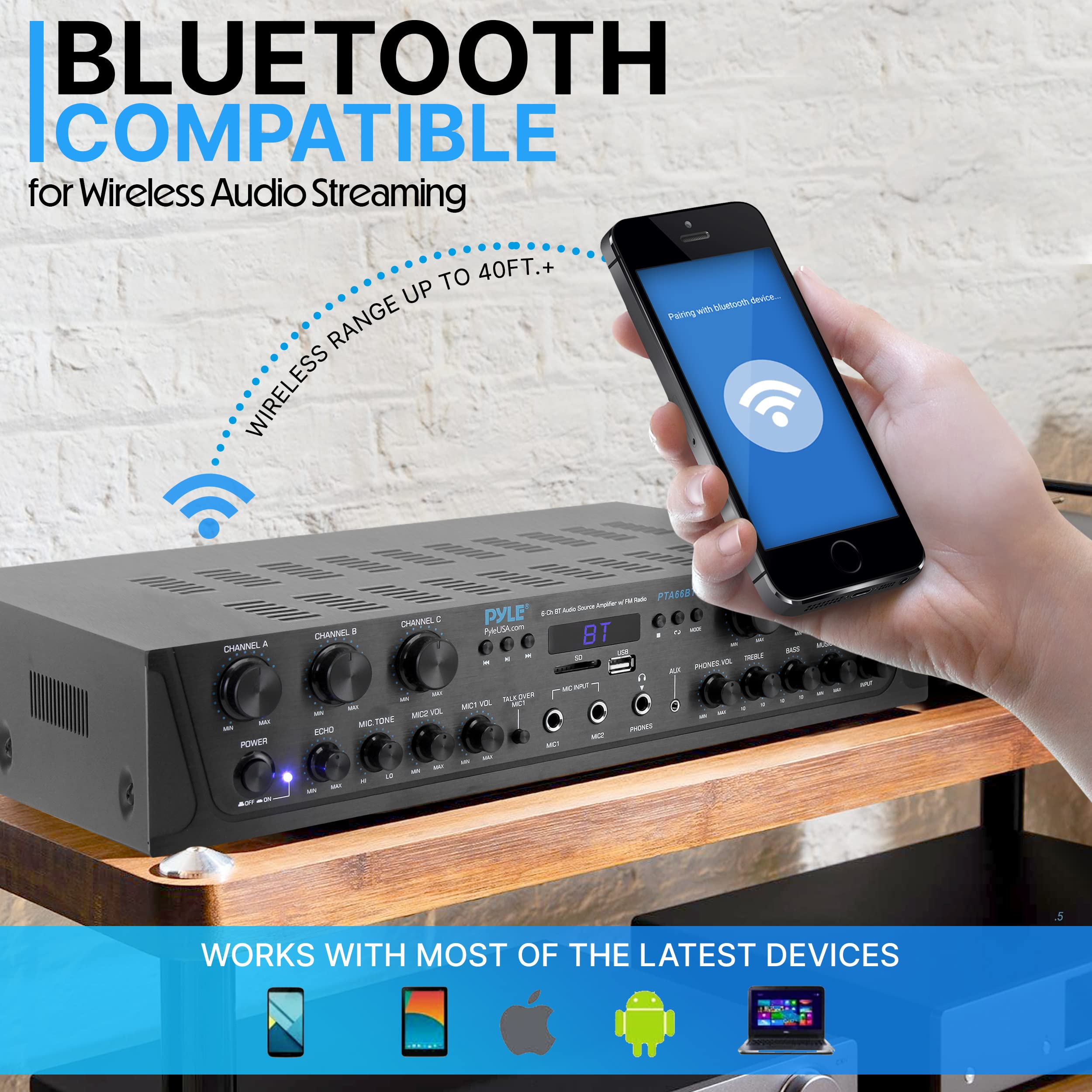 Pyle Wireless Home Audio Amplifier System-Bluetooth Compatible Sound Stereo Receiver Amp - 6 Channel 600Watt Power, Digital LCD, Headphone Jack, 1/4'' Microphone in USB SD AUX RCA FM Radio-PTA66BT.5