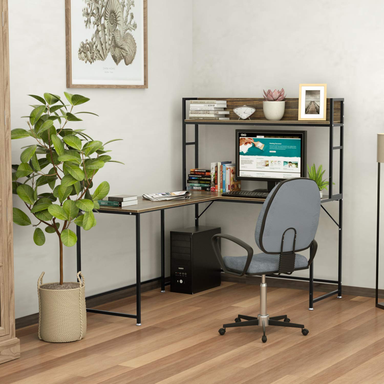 SEISSO Modern L-Shaped Corner Computer Desk with Hutch, 59 inch Wooden Writing Gaming Table Workstation PC Laptop Table with Storage Shelves for Home Office Study Living Room Bedroom