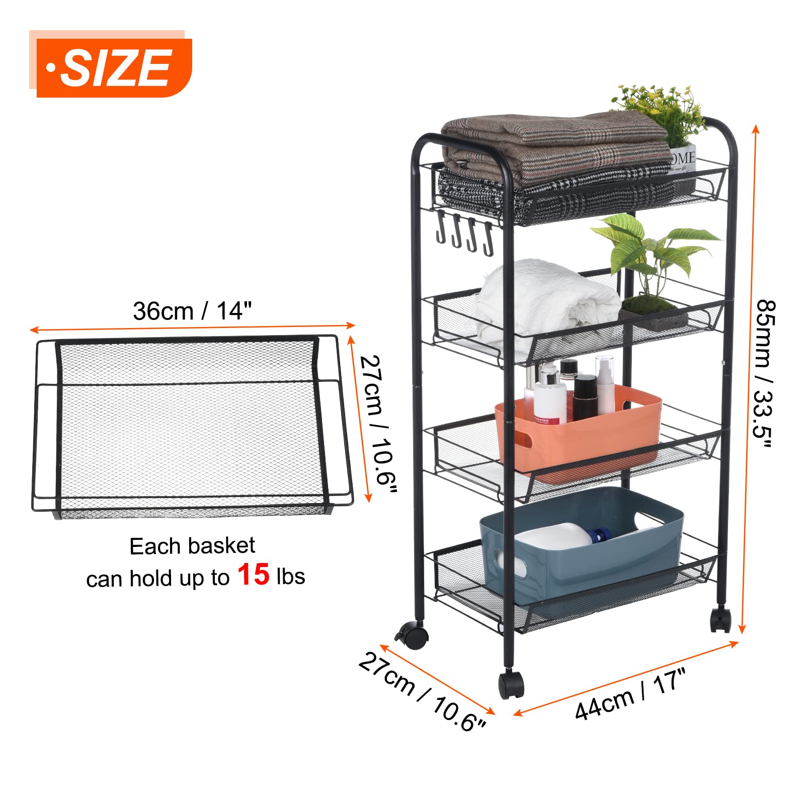 PATIKIL 4 Tier Rolling Cart, Metal Mesh Trolley Utility Storage Organizer Cart with Hooks Wheels for Bathroom Office, Black