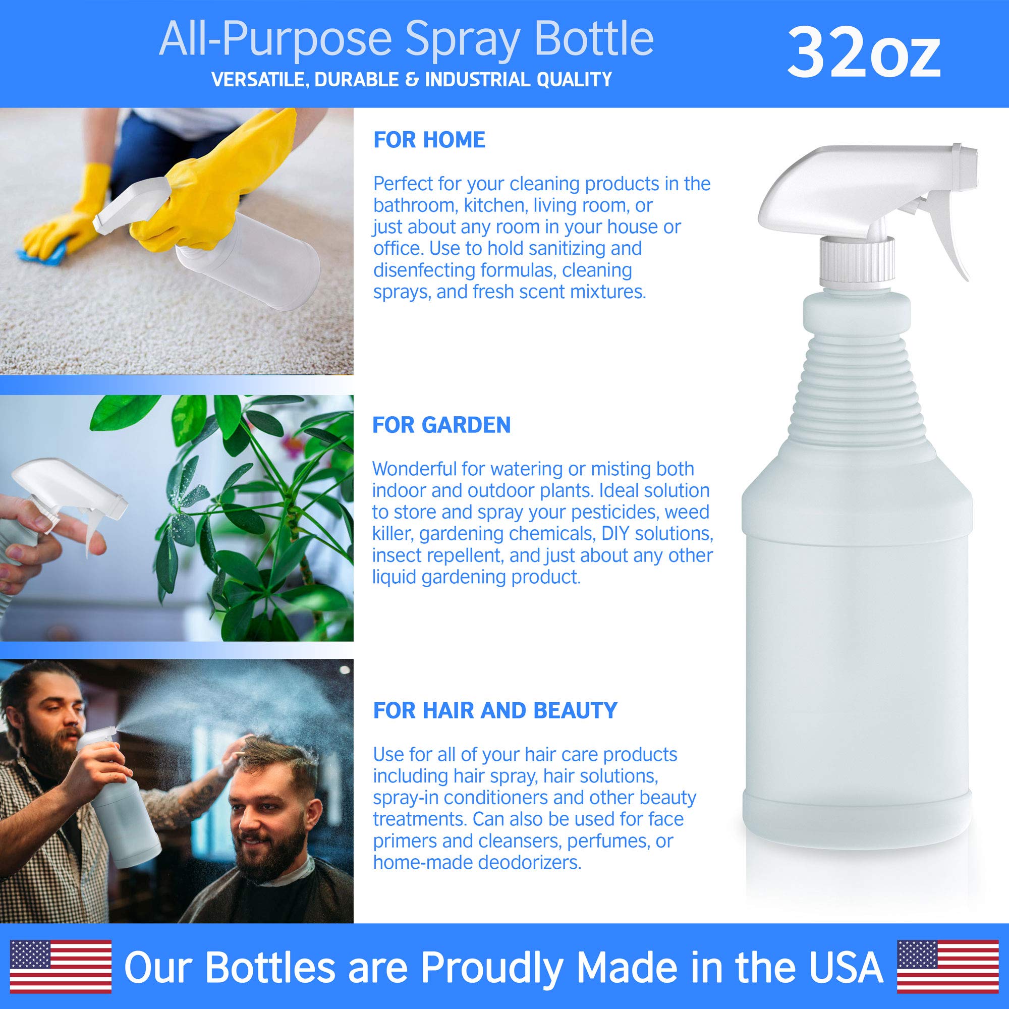 Plastic Spray Bottles with Sprayers - 32 oz Empty Spray Bottles for Cleaning Solutions, Plant Watering, Animal Training and More - No Clog & Leak Proof Heavy Duty Spray Bottles with Sprayers - 4 Pack