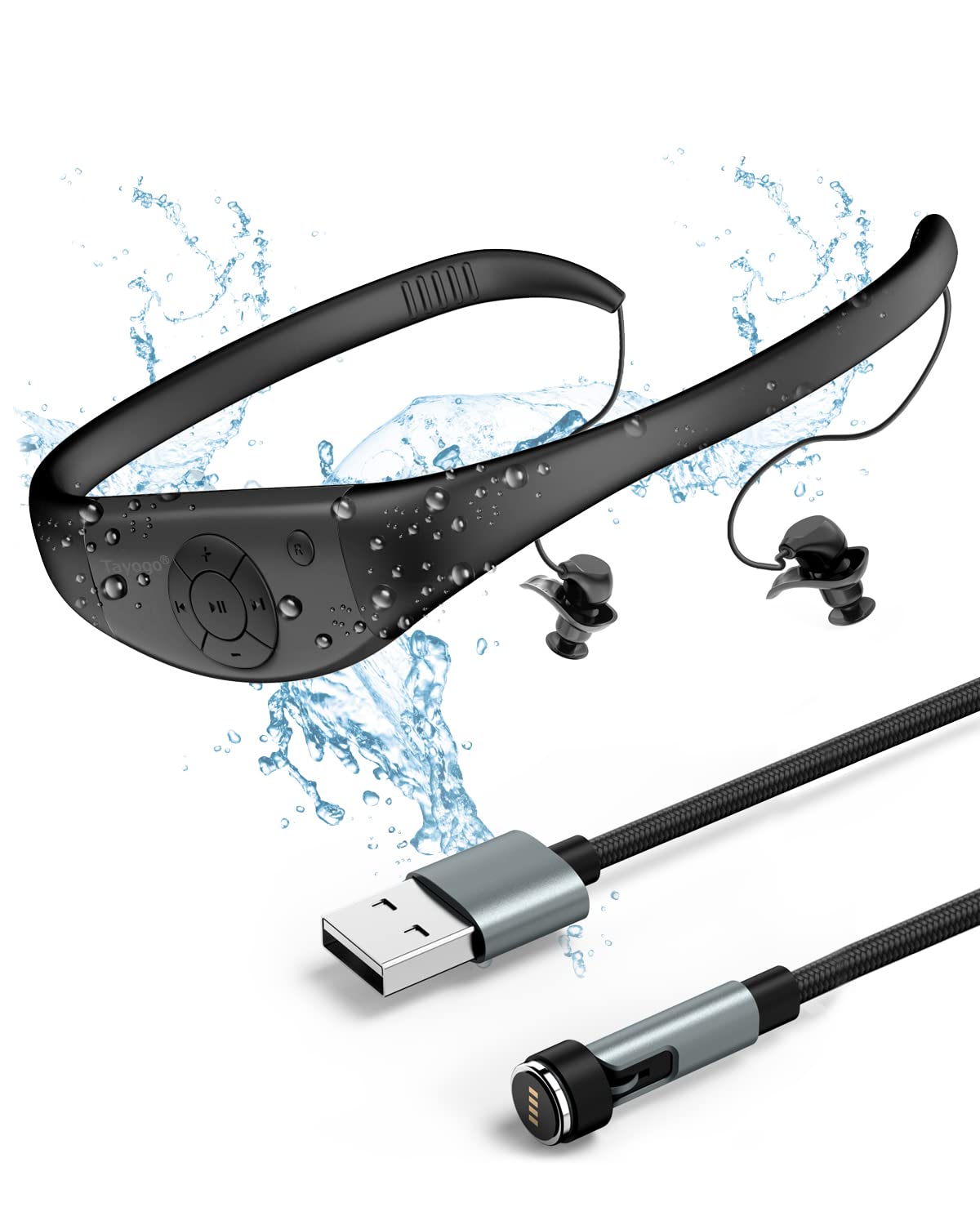 Tayogo Waterproof Mp3 Player for Swimming, IPX8 8GB Swimming Headset, Silicone Coated Waterproof Music Player, 20H Playing time, Underwater Mp3 Player Perfect for Swimming (Black(2nd Generation))