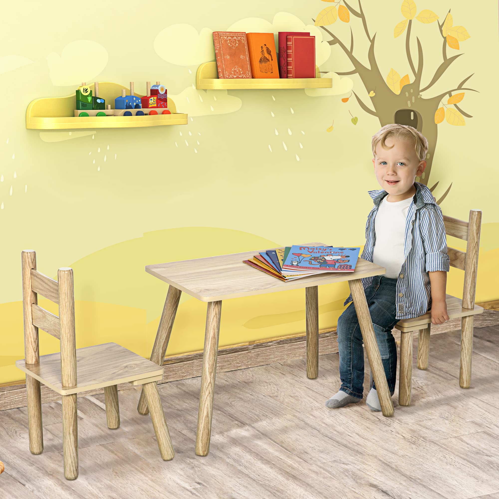 Qaba Kids Wooden Table and Chair Set, Play Activity Table for Arts, Crafts, Dinning, and Reading for Toddlers Age 2 to 5, Natural Wood