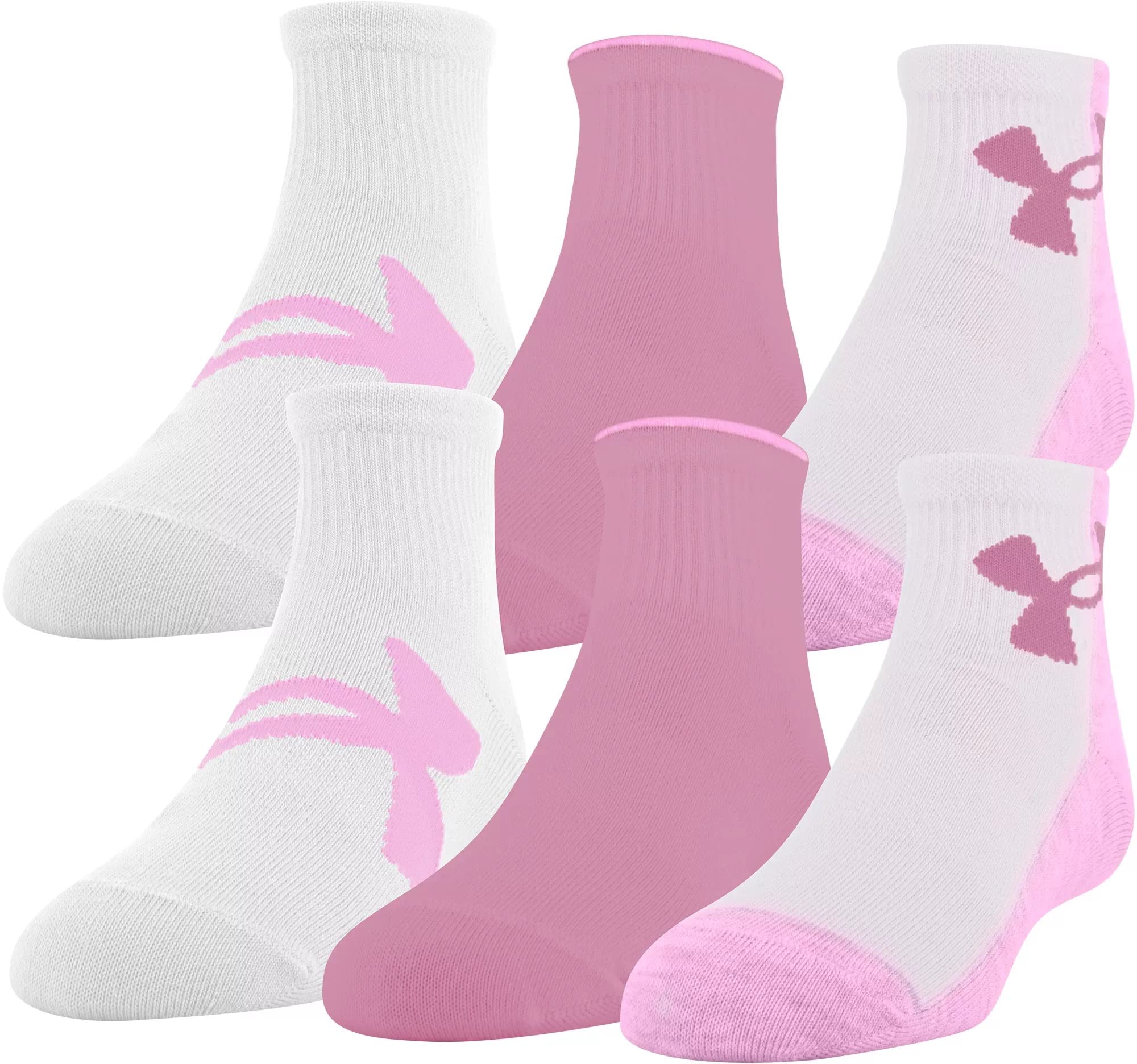 Under Armour Girl`s Essential Lite Lightweight Quarter Socks 6 Pack (White(1368791-638)/Pink, Small)