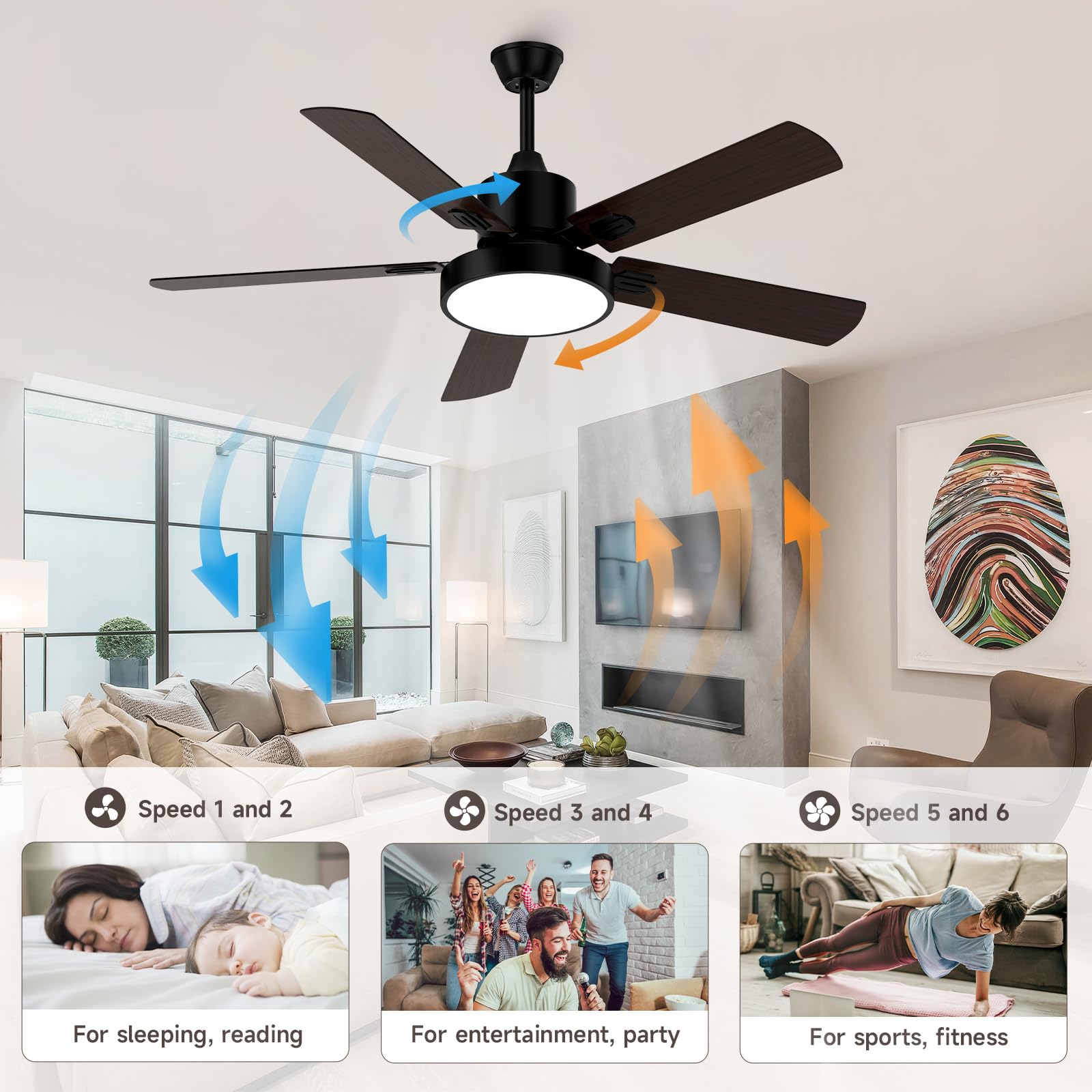 Obabala Ceiling Fans with Lights and Remote, Outdoor/Indoor Black Fan with Lights for Patio Bedroom Living Room,52 Inch