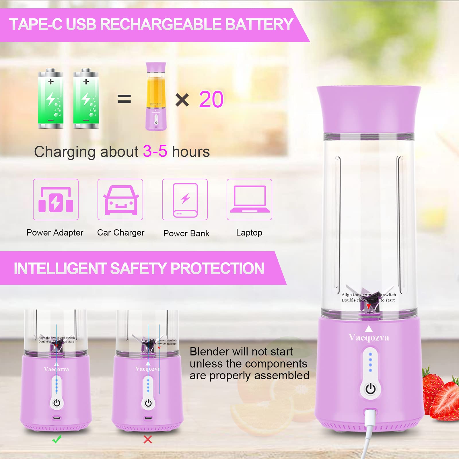 Portable Blender USB Rechargeable, Vaeqozva 17 Oz Large Capacity Mini Blender for Shakes and Smoothies, Waterproof Personal Size Jucier for Travel, Home, Sport, Office, Outdoors-Chic Pink