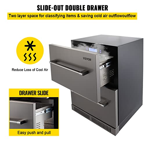 vevor 24" Undercounter Built-in Refrigerator, 5.12 Cu.ft. Double Drawer Indoor/Outdoor Beverage Fridge with Embraco compressor,32-50°F Cooling Range, Ventilated Cooling for Home and Commercial Use
