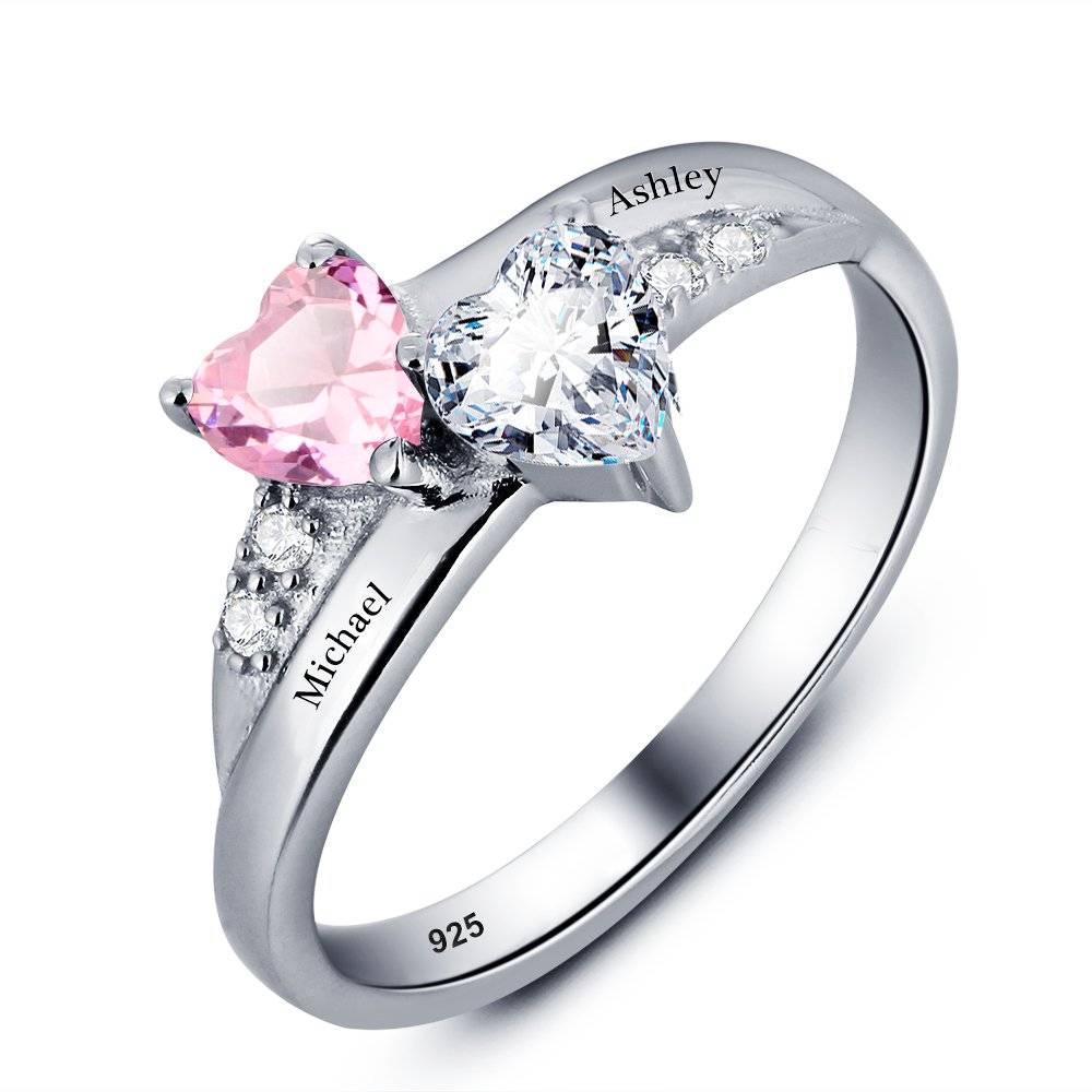 Personalized Promise Rings for Her Mother Rings with 2 Simulated Birthstones Custom Couples Name Ring for Women (silver, 7)