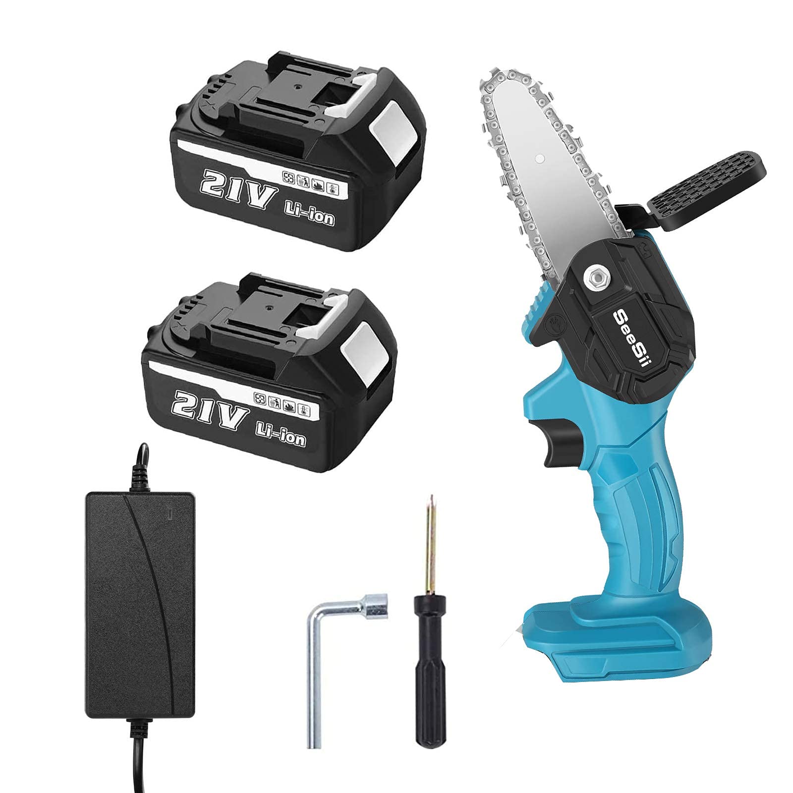 Seesii Mini Chainsaw, 4-Inch 21V Cordless Electric Protable Chainsaw With 2Pcs Batteries,One-Hand Lightweight, Battery-Powered Pruning Shears Chainsaw for Tree Branch Wood Cutting