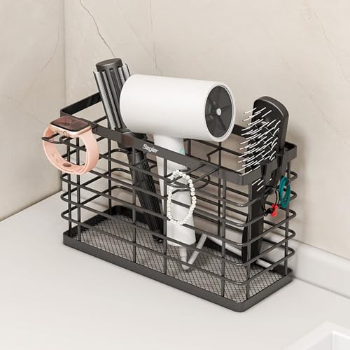 Segler Hair Dryer Organizer Wall Mounted & Cabinet Door, 3 in 1 Storage, Adjustable Height, Carbon Steel, Black