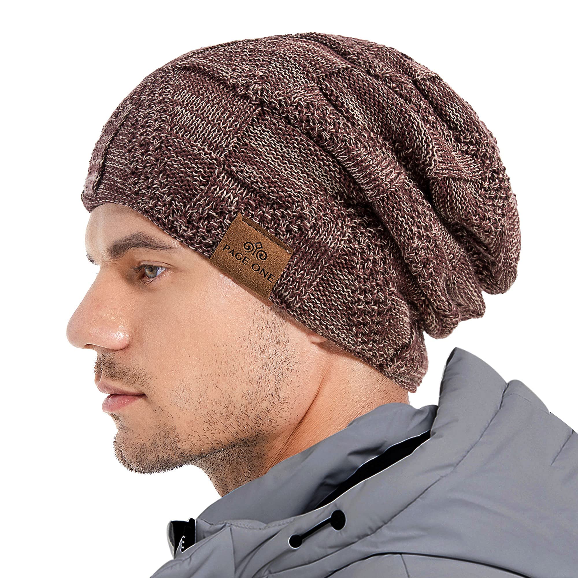 PAGE ONE Mens Winter Slouchy Beanie Warm Fleece Lined Skull Cap Baggy Cable Knit Hat Red Coffee