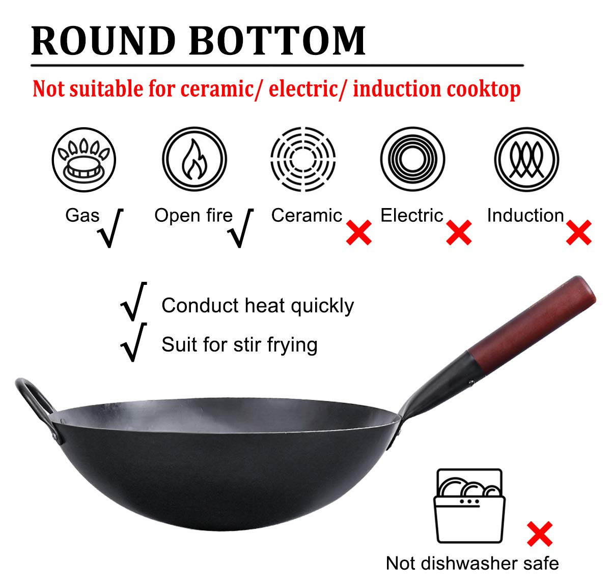 XEEYAYA Carbon Steel Wok Pan with Ring, Chinese Woks and Stir Fry Pans, 14" Large Hand Hammered Traditional Round Bottom Wok