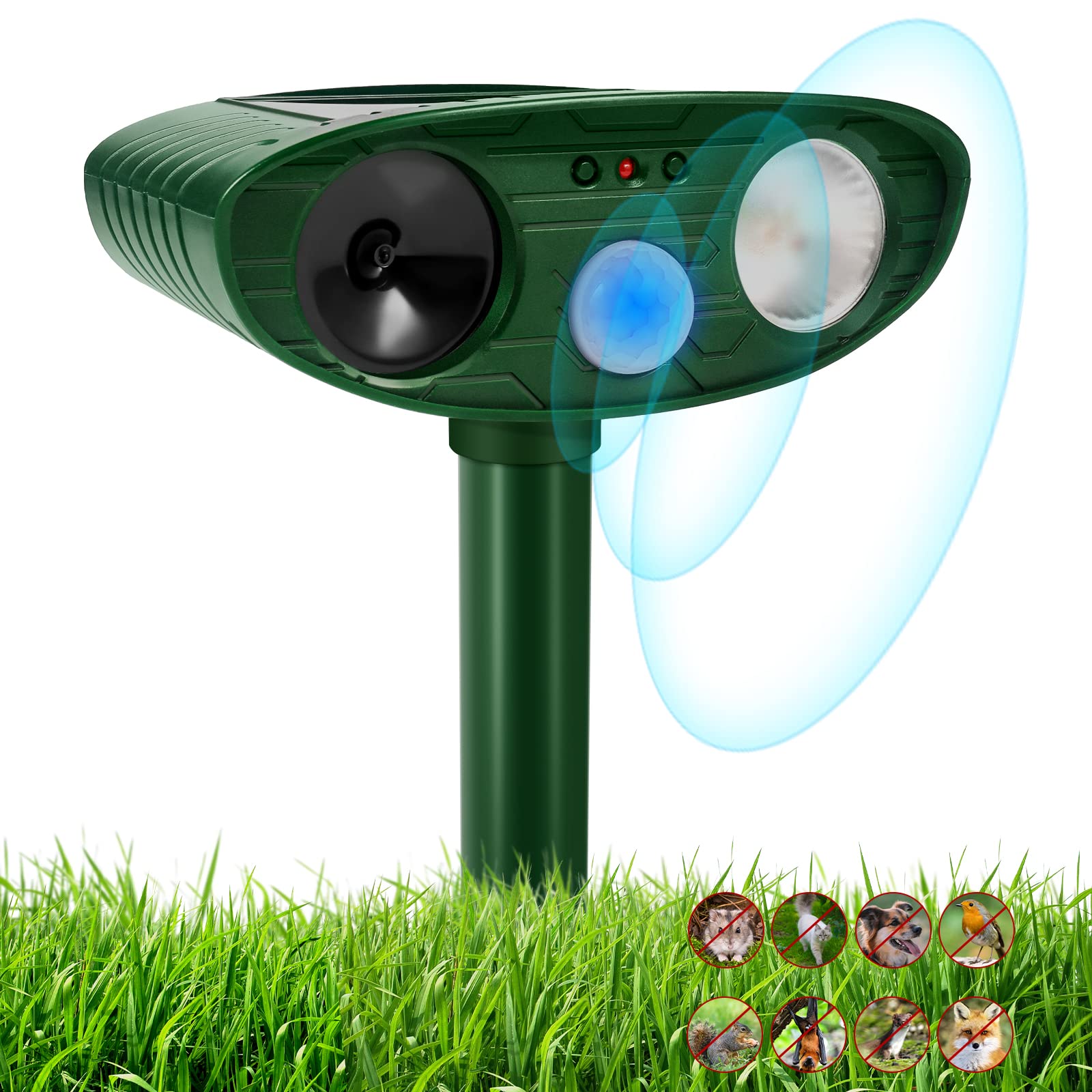 Ultrasonic Cat Deterrent, Solar Powered Deterrent Device with Motion Sensor and Flashing Light, Waterproof Device for Farm, Garden, Yard, Dogs, Birds