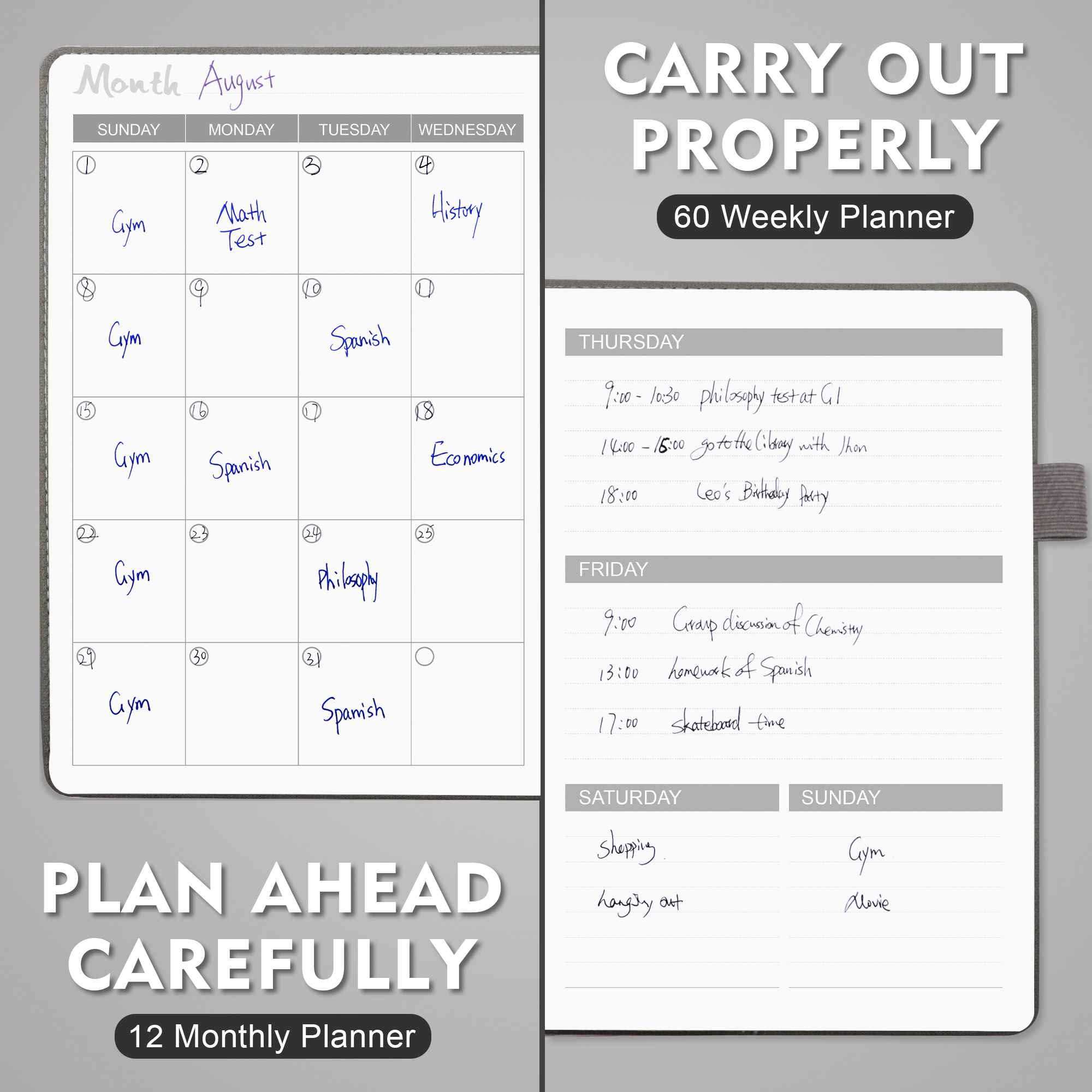 Undated Planner, 2024 Monthly & Weekly Academic Planner Kit, Feela A5 Daily Student Notebook, School Supplies with Highlighters, Note Stickers, Fineliner Pens, Lasts 1 Year, Gray