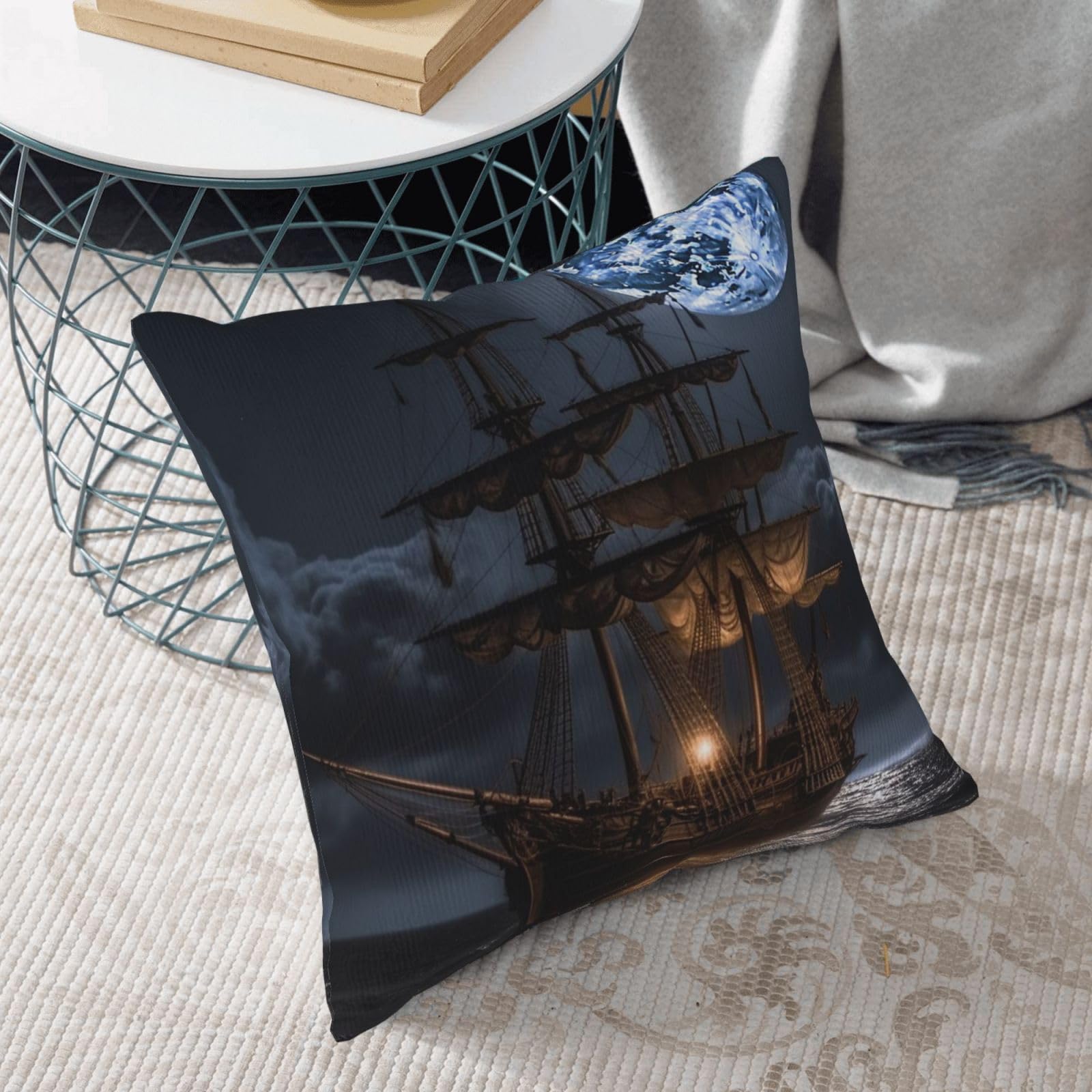 Pirate Sailboat Full Moon Print Throw Pillow Cover Corduroy Soft Pillowcase with Hidden Zipper Decorative Cushion Covers for Sofa Living Room Home Decors 16"X16"