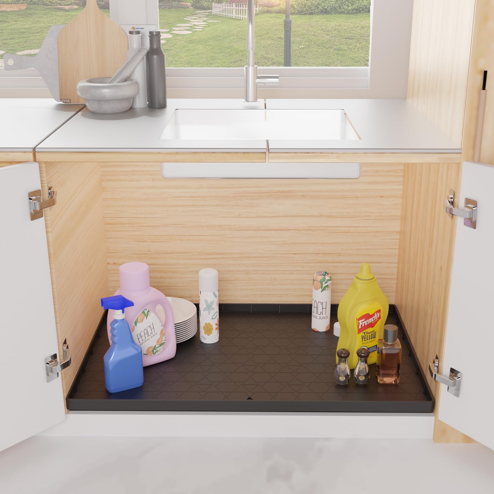 ULTSOFE Kitchen Mat Waterproof, 34"x22" Silicone Under Sink Shelf Liner with Drain Hole, Under The Sink Cabinet Protection Mat for Kitchen & Bathroom, Drips Leaks Spills Tray, Black