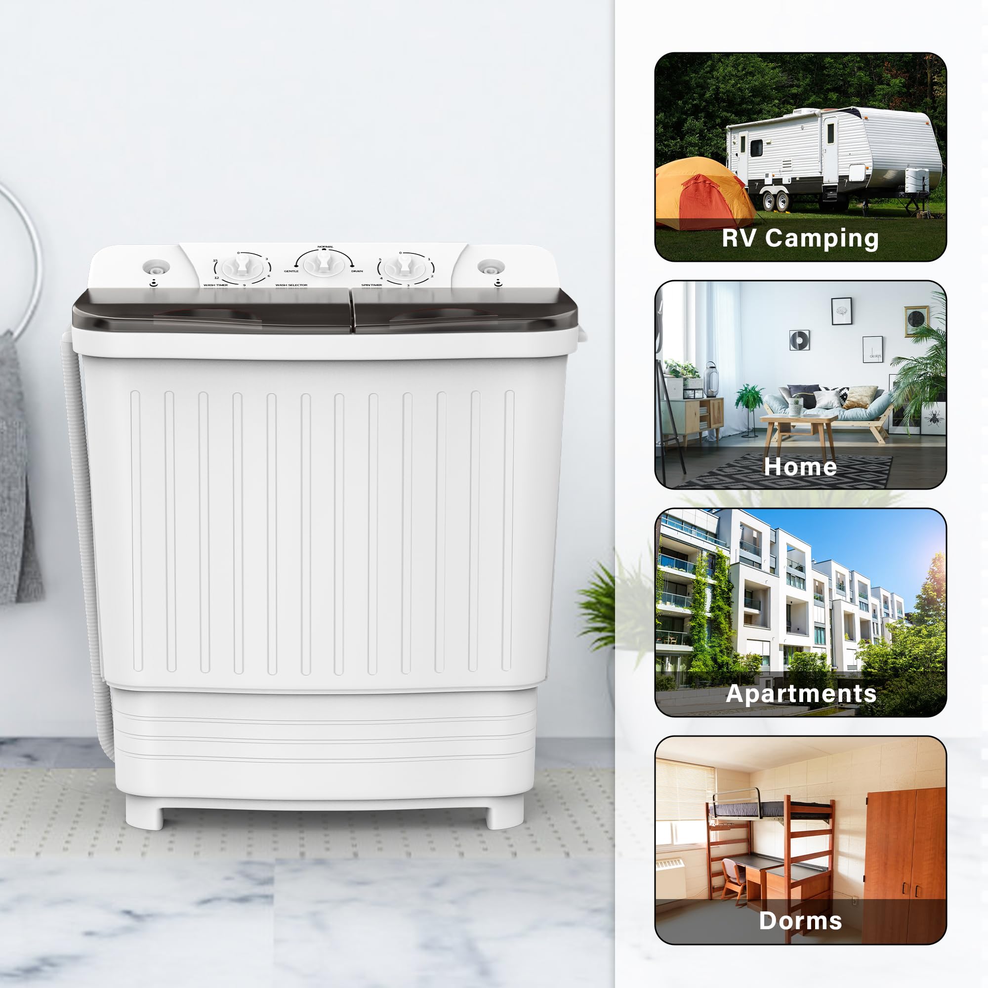 Portable Washing Machine, 2-in-1 Twin Tub 26 lbs Capacity Washer and Spinner with Control Knobs, Timer Function, Drain Pump, Compact Laundry washer for Home Apartment RV, Black