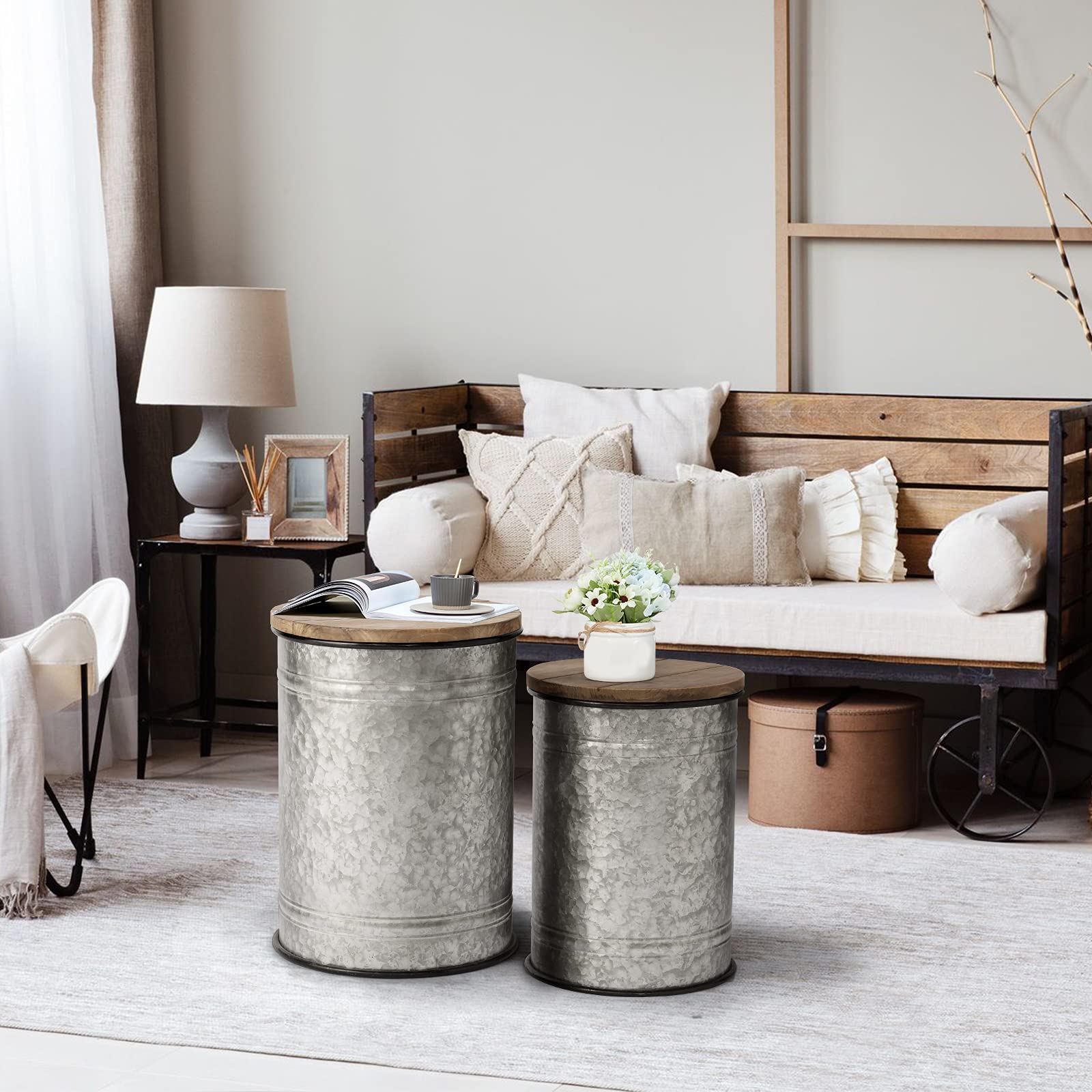 oneinmil Rustic End Table with Storage Bins Farmhouse Furniture Galvanized Metal Stool Ottoman Seat with Round Wood Lid Set of 2