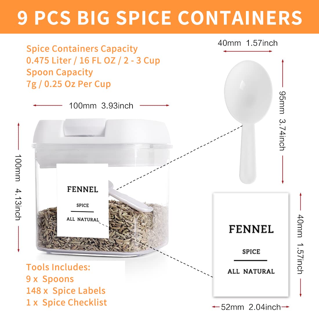 XOTAISM Seasoning Containers with Labels - 9 Pcs Big Plastic Spice Storage Containers with 148 Spice Labels and 9 Spoons - Square Stackable Kitchen Small Airtight Food Storage Containers with Lids