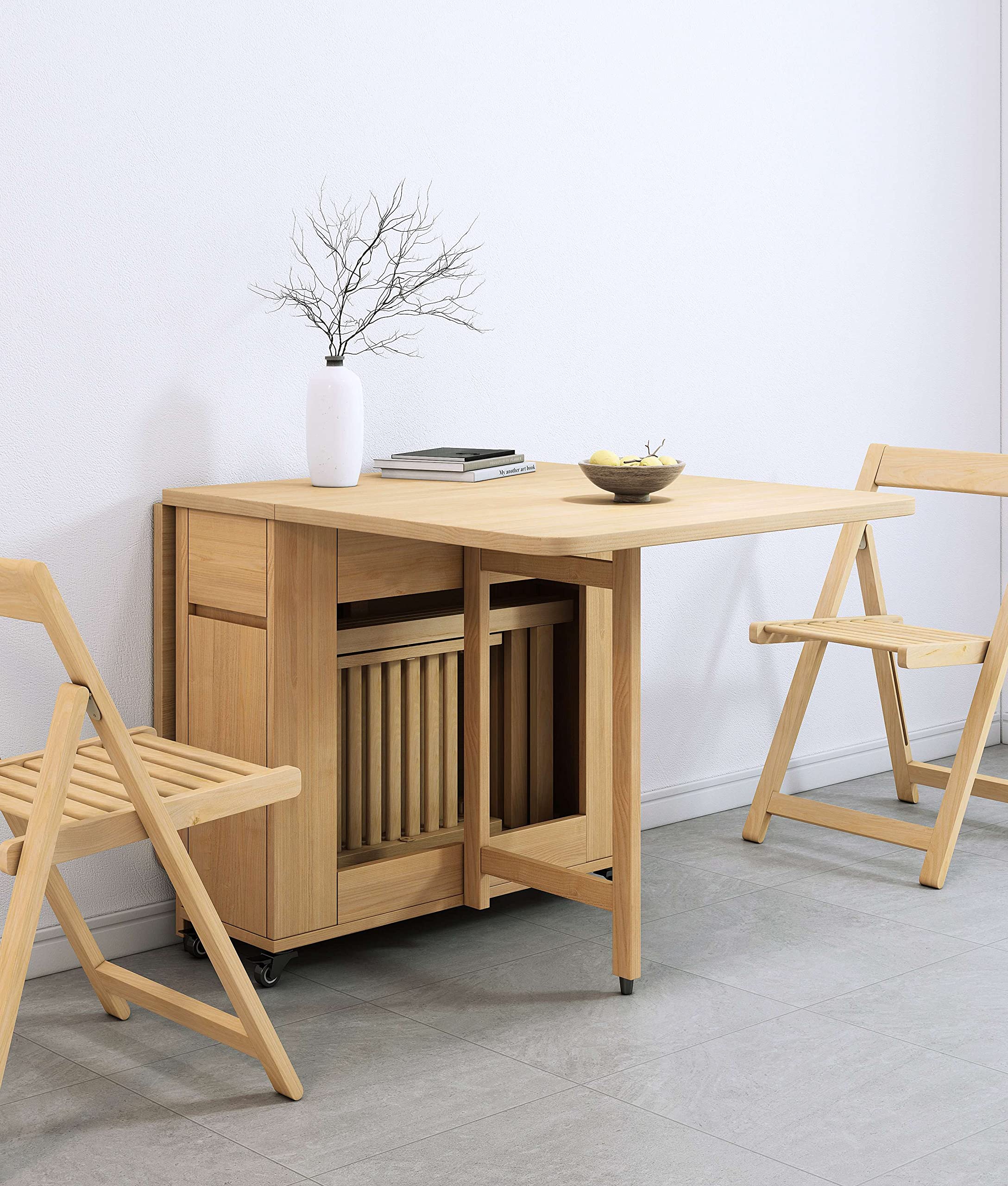 PIAQIA Folding Dining Table, Convertible Drop-Leaf Kitchen Table with Storage, Space Saving Foldable Dinner Table for 4-6, 55" W x 32" D x 29" H, Natural, 1 Table (NO Chairs Included)