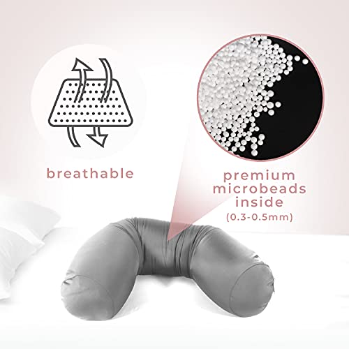 Squishy Deluxe Microbead Body Pillow with Silky Removable Cover, Extremely Huggable, Full Body Support, Keeps Spine in Proper Alignment, Doubles As a Pregnancy & Nursing Pillow, 47 X 7β, Grey