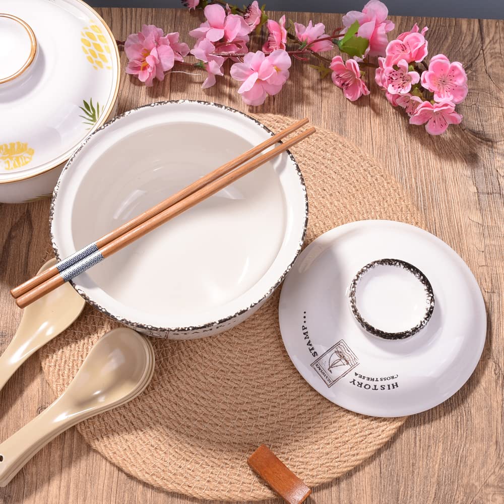 Swlthwen Ceramic Ramen Bowl with Lid Soup Bowls with Lid for Soup and Noodles Microwave Ceramic Soup Bowl Instant Noodle Bowl Cereal Bowl with Lid (YF)