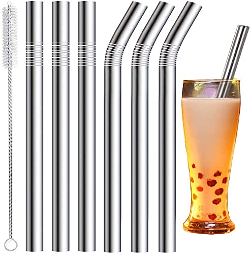 Vinaco Stainless Steel Boba Straws, 0.5'' Extra Wide Reusable Metal Drinking Straws for Milkshakes, Bubble Tea, Smoothie, Set of 6 Jumbo Drinks with 1 Cleaning Brush