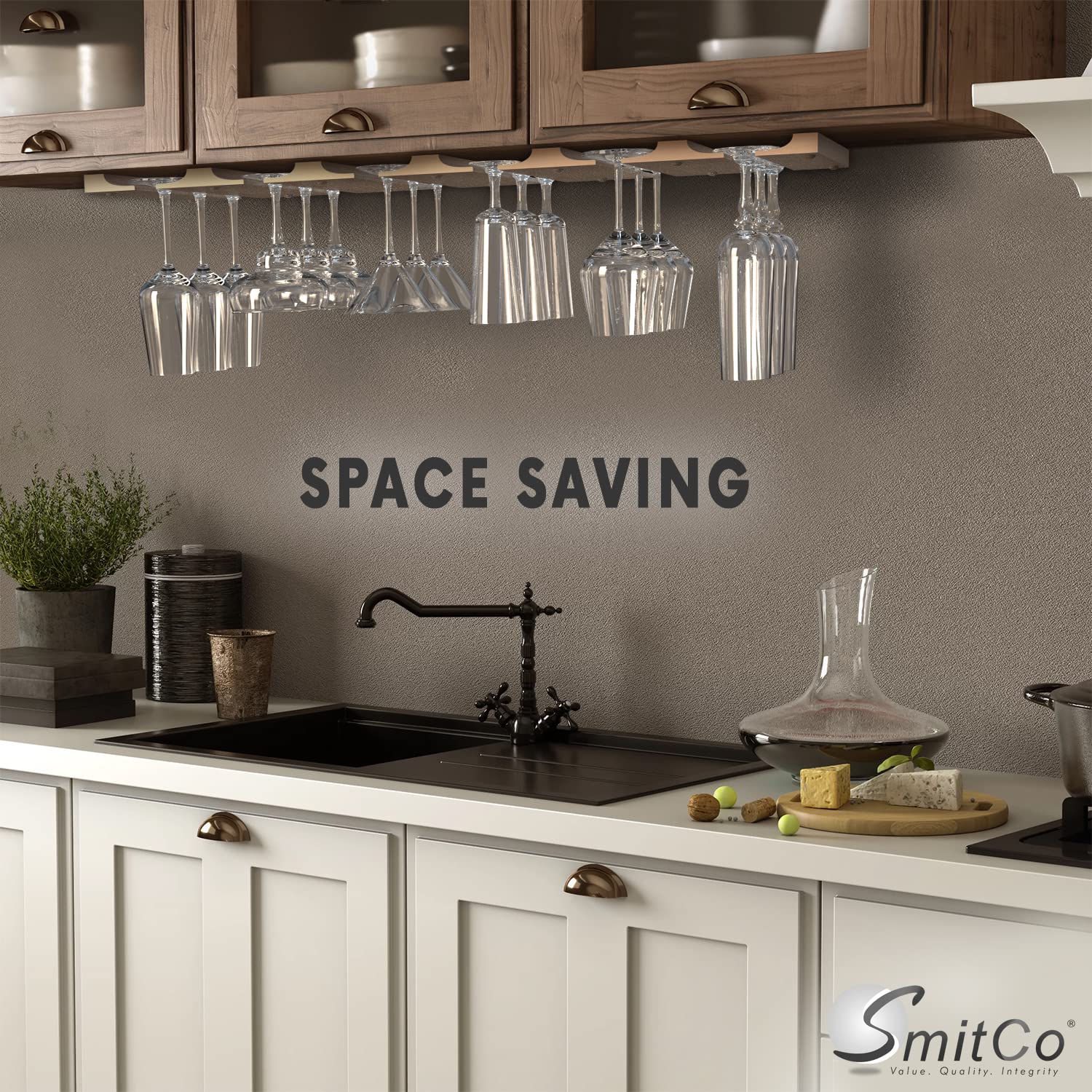 Wooden Wine Glass Holder for Under Cabinet | Under Shelf Kitchen Stemware Rack | Wood Holding Rack for Wine Glasses and Stemware| Stemware and Glassware Hanger and Organizer- Stores Up to 12 Glasses