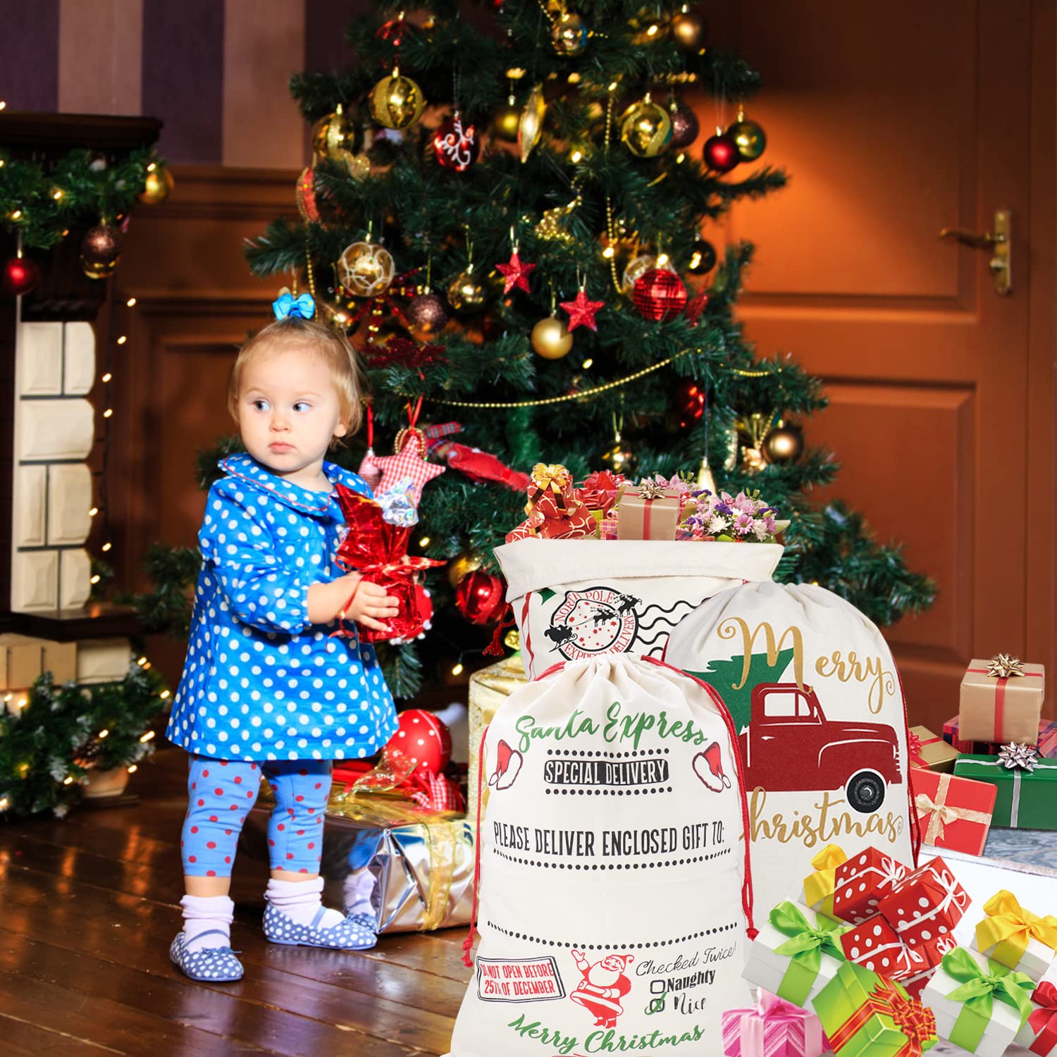 PIXHOTUL 6 Pack Santa Sacks Large Christmas Cotton Bags Drawstring Christmas Sacks for Kids 27.5" x 19.5"