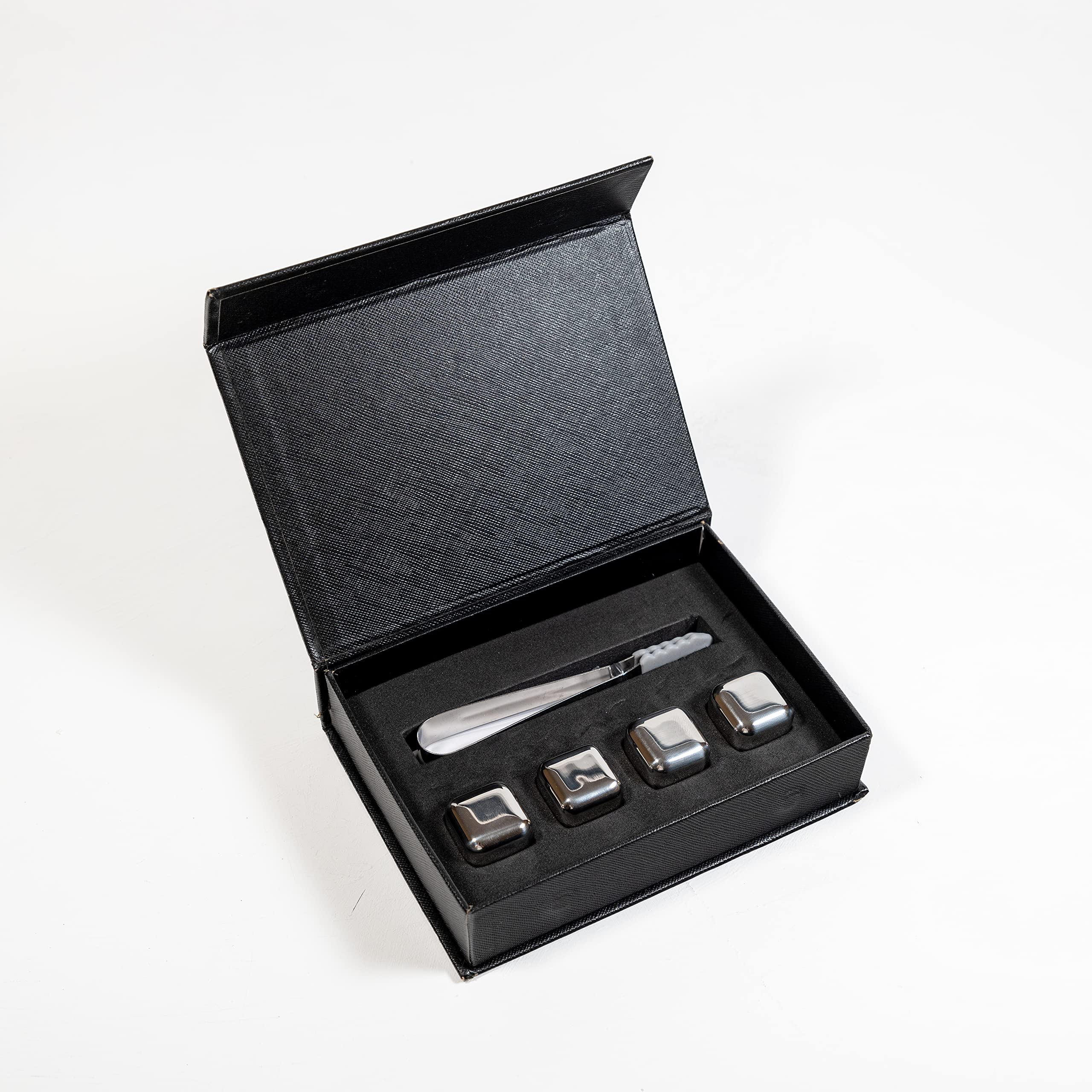 Whiskey Stones Stainless Steel Gift Set for Men, Dad - Reusable Waterless Cooling Ice Cubes with Tongs for Drink, Beverage, Bourbon, Coffee - 4 Pcs with Tongs in Box