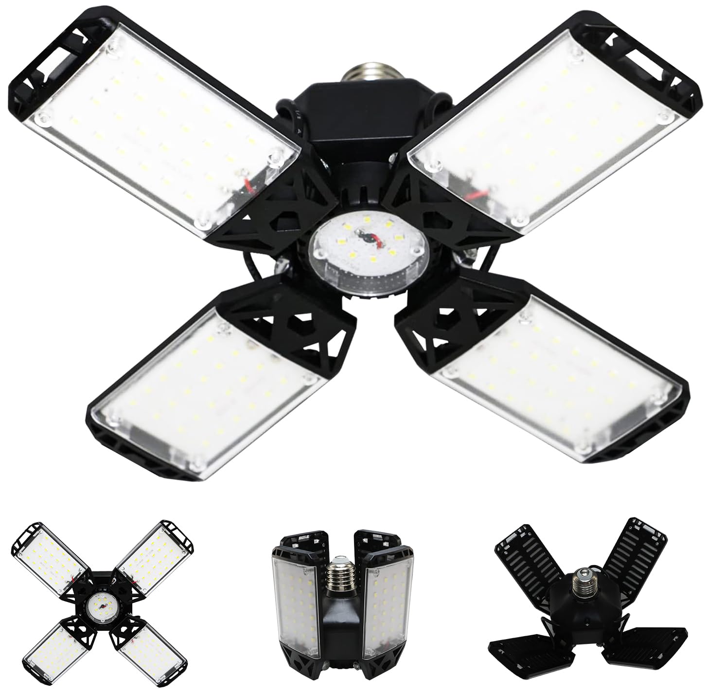 QiyuanLS 2 Pack 60W LED Garage Lights, Deformable Garage Light with 3 Adjustable Wings, 6000LM, E26 LED Shop Light, Barn Light, High Bay Light, Ceiling Lighting Fixture for Warehouse