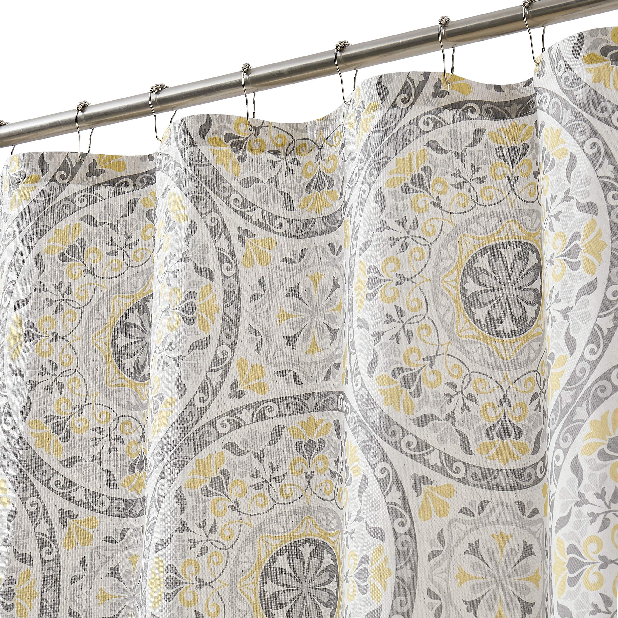 Romantex Fabric Decorative Shower Curtain Medallion Print Yellow and Grey Floral 84 inch Length for Bathroom/Bathtubs,72" Wx84 L 1Panel Hookless