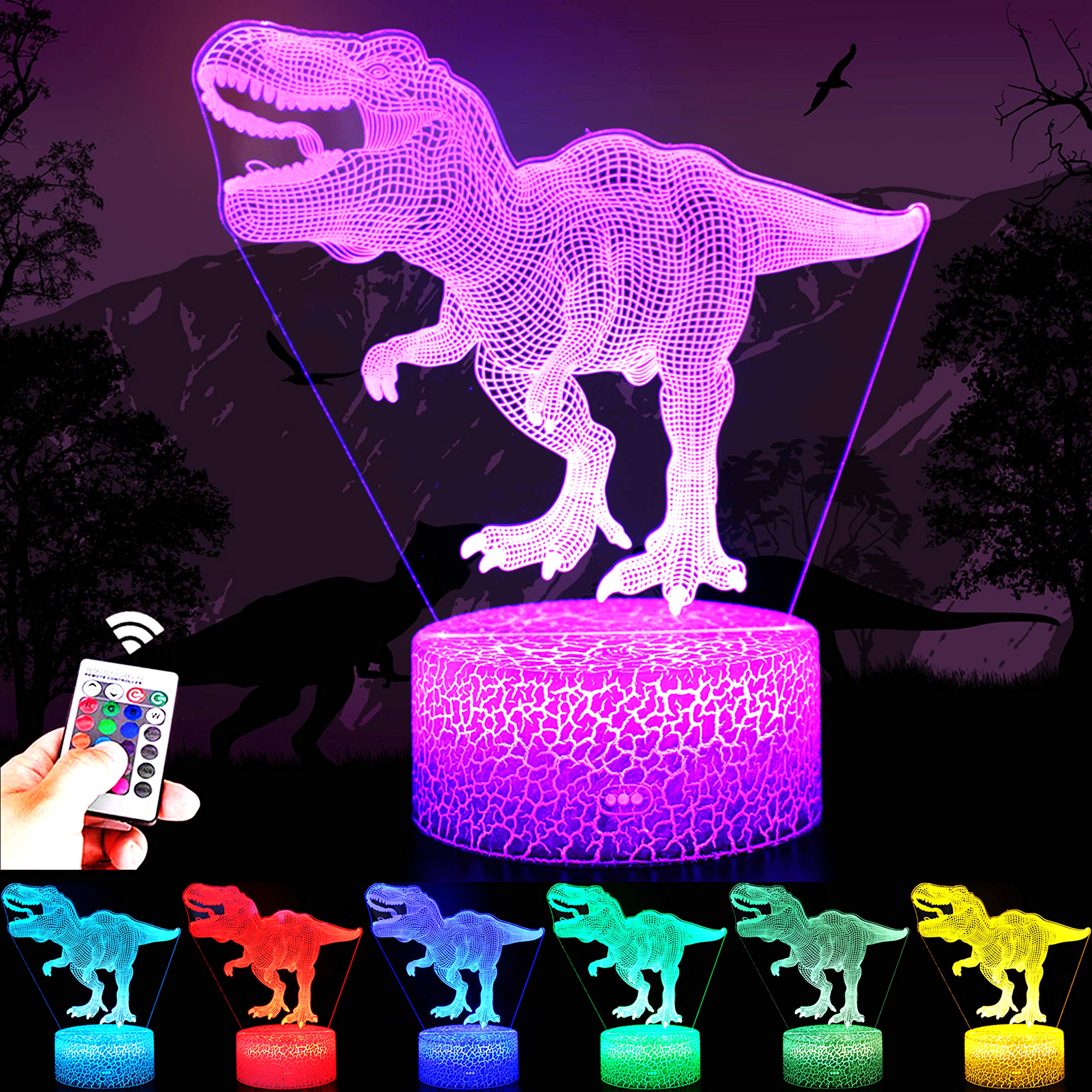 RONGGE Dinosaur Toys, 16 Colors Children 3D Illusion Bedside Lamp Remote Control T Rex Night Light for Kids 2 3 4 5 6 7 8-12 Year Old Boys Birthday Gifts Home Decorations