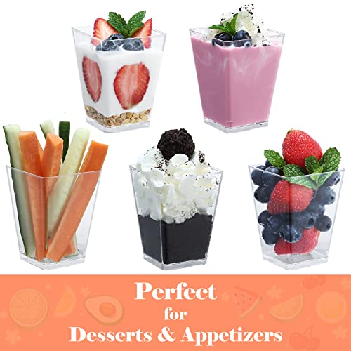 SHOPDAY 5oz Plastic Dessert Cups with Lids 100 Pack Small Clear Square Parfait Cups with Spoons, Mini Plastic Tumbler Serving Cups for Tasting Party Appetizers Mousse Yogurt