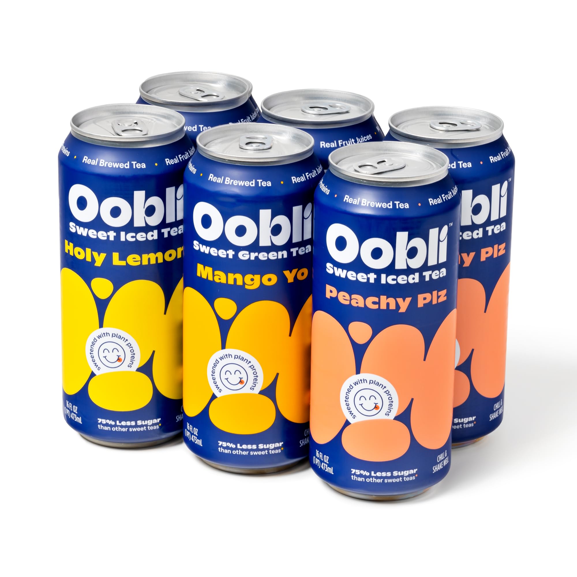 Oobli Sweet Iced Tea Lemon/Peach/Mango Variety Pack (Black Tea and Green Tea) - Low Sugar, Vegan, 50-60 Calories, 16 Fl Oz (6 Pack)