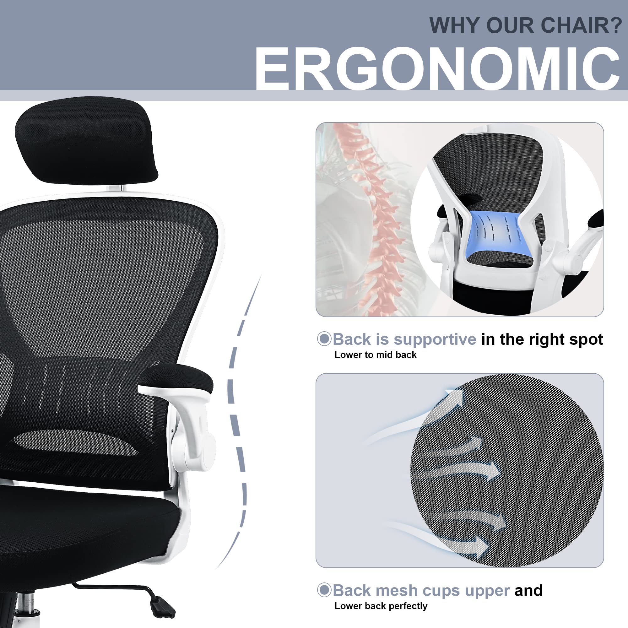Office Chair Ergonomic Desk Chair Comfort Adjustable Height with Wheels,Lumbar Support Mesh Swivel Computer Home Office Study Task Chair 5003H (5003H-white)