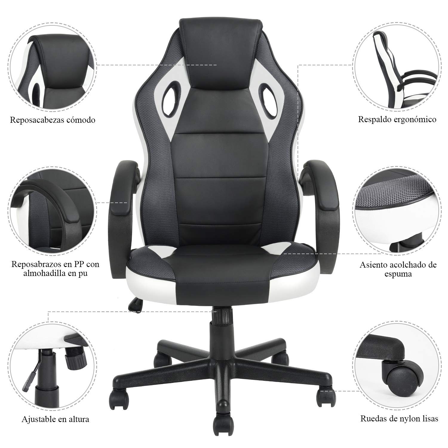 Office Chair, Ergonomic Computer Gaming Chair PU Leather Comfortable Swivel Task Home Office Executive Desk Chair High Back with Padded Armrests, Black/White