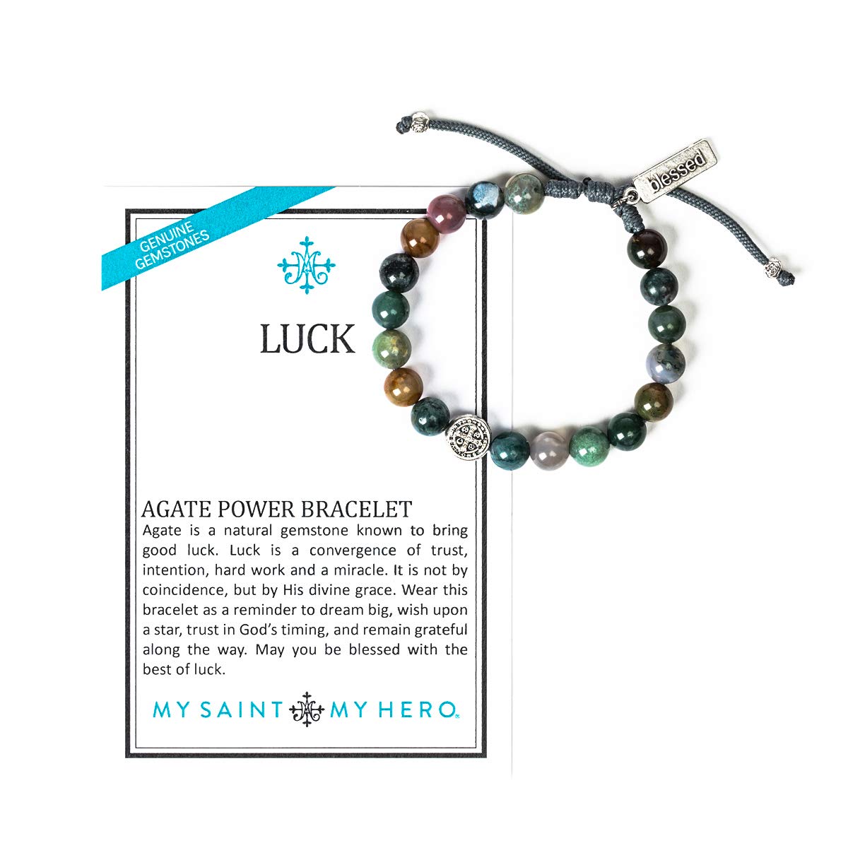 My Saint My Hero Luck Power Bracelet - Mixed Agate Gemstones with Silver-Tone Medal