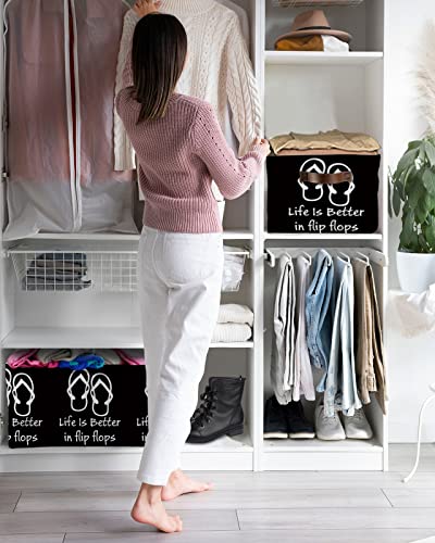 Storage Basket Black Flip Flops Large Foldable Storage Bins with Handles Life Is Better In Flip Flops Waterproof Fabric Laundry Baskets for Organizing Shelves Closet Toy Gifts Bedroom Home Decor
