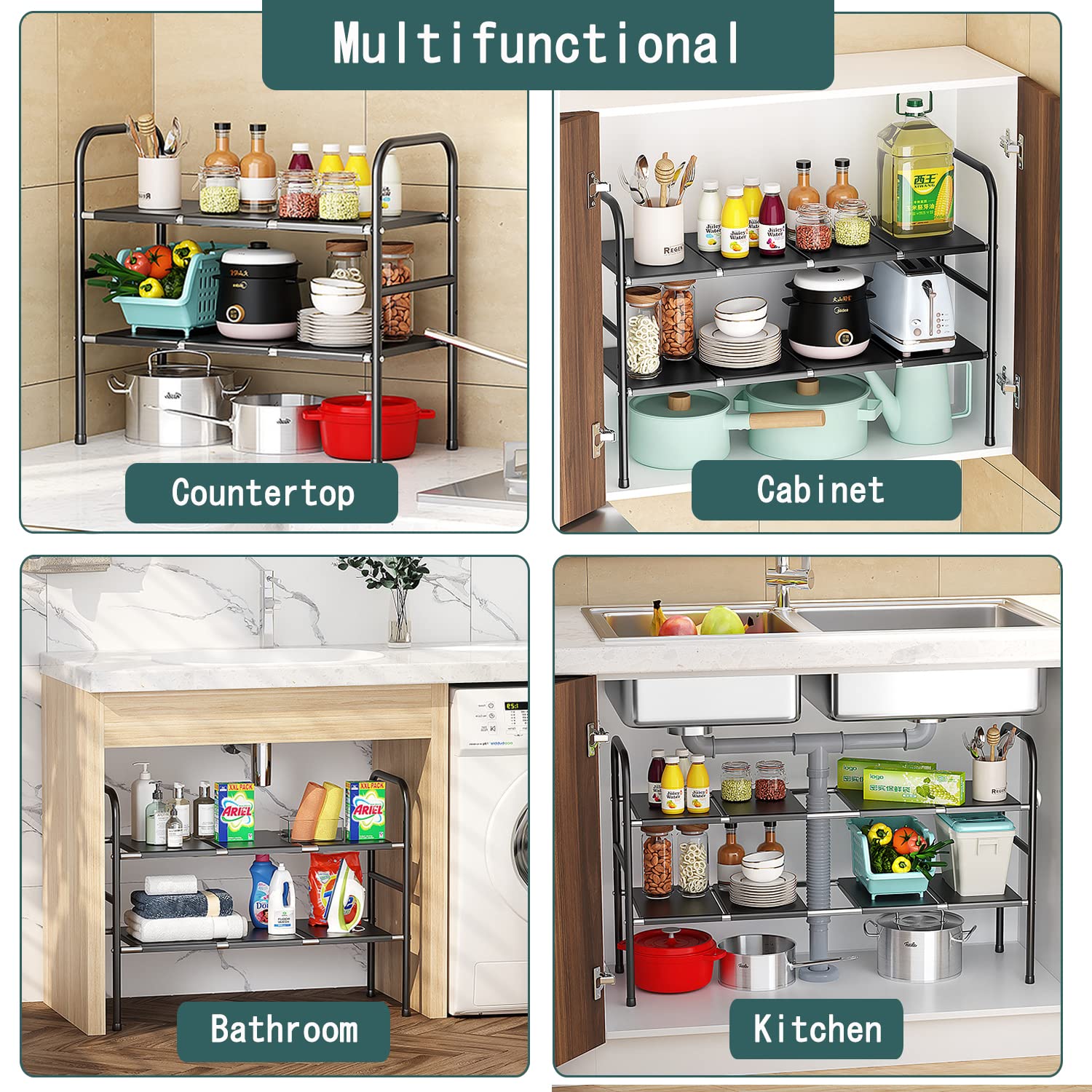 Under Sink Cabinet Shelf Organizer, Expandable Metal Under Sink Rack Storage with 8 Removable Panels for Kitchen Bathroom, 2 Tiers, White